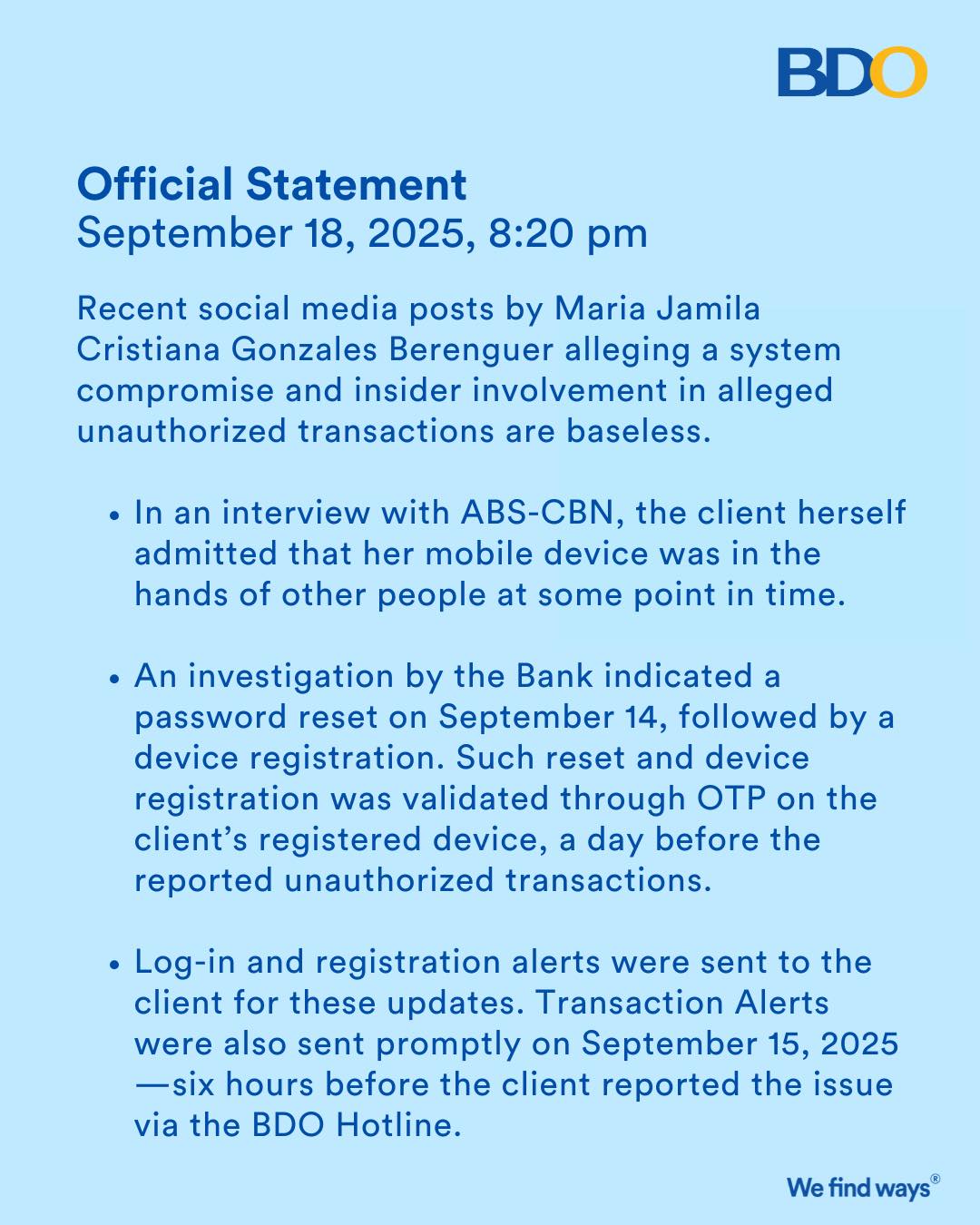 BDO Statement (18 September 2025): Addressing Social Media Posts by ...